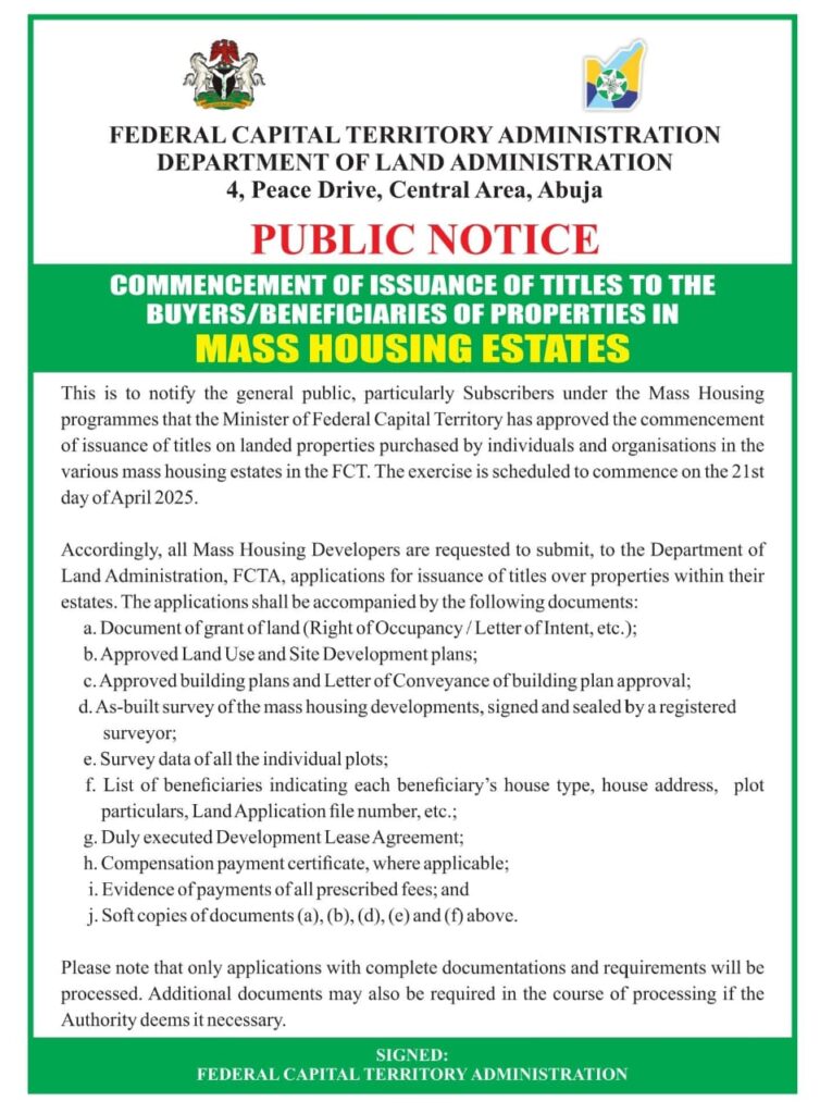 FCTA PUBLIC NOTICE ON ISSUANCE OF TITLES FOR MASS HOUSING ESTATES - TheStar