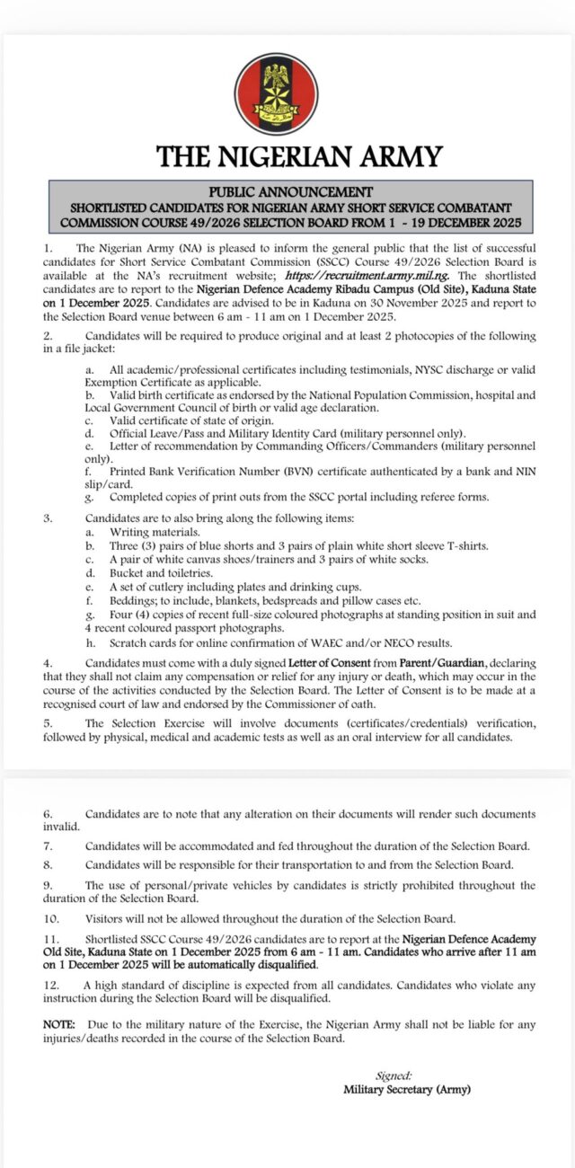 Recruitment: Army releases list of shortlisted candidates for SSCC ...
