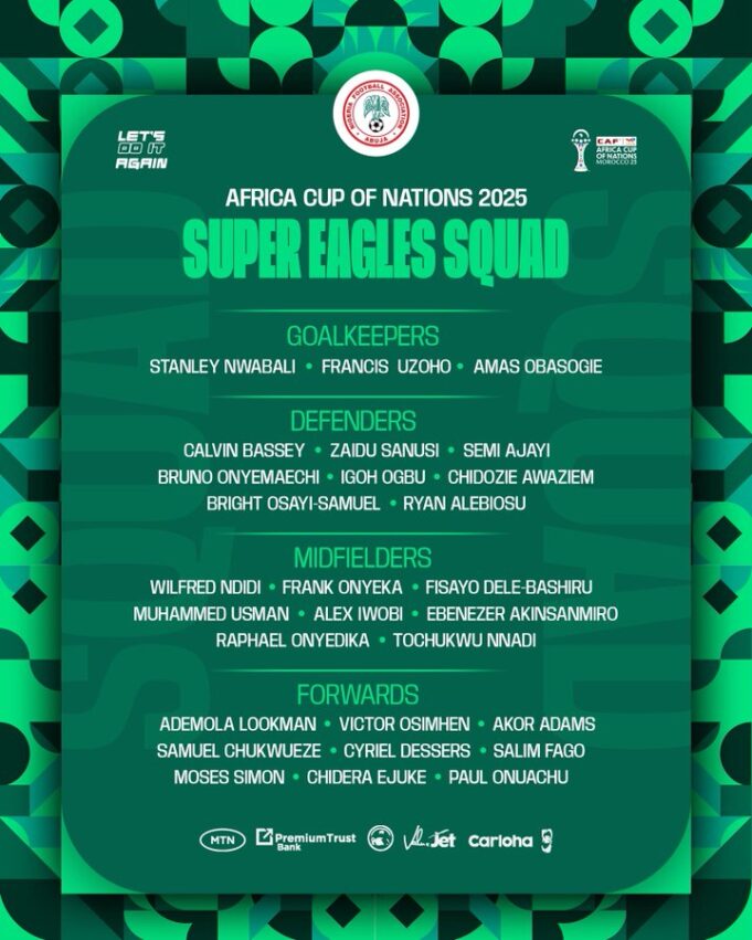 FULL LIST: Super Eagles coach unveils 28-man squad for AFCON 2025 - TheStar